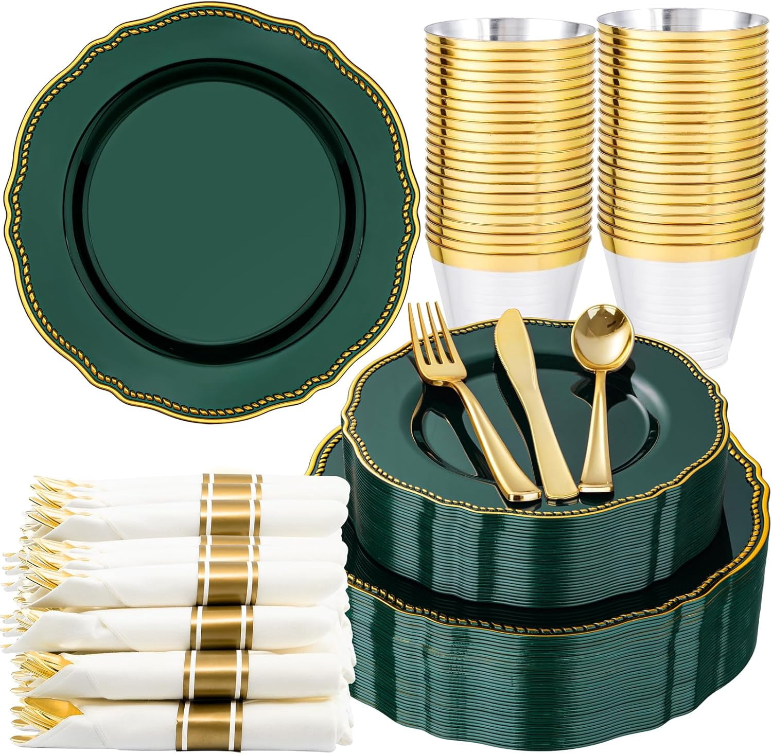 175pcs Green and Gold Plastic Plates Dinnerware Set Includes 25 Dinner ...