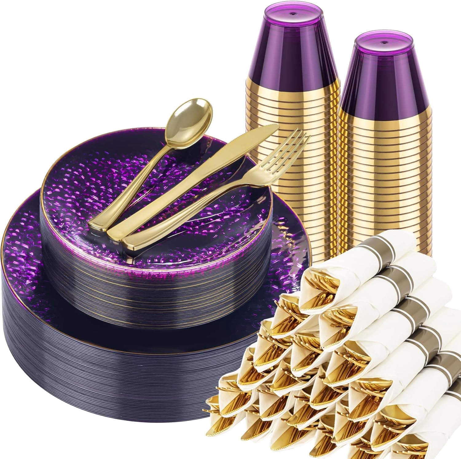 175pcs Purple and Gold Plastic Plates Set - Includes 25 Dinner Plates ...