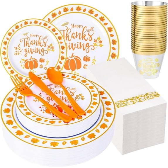 175pcs Thanksgiving Dinnerware Set Gold Plastic Dinnerware Set Include Disposable Utensils,Gold ...