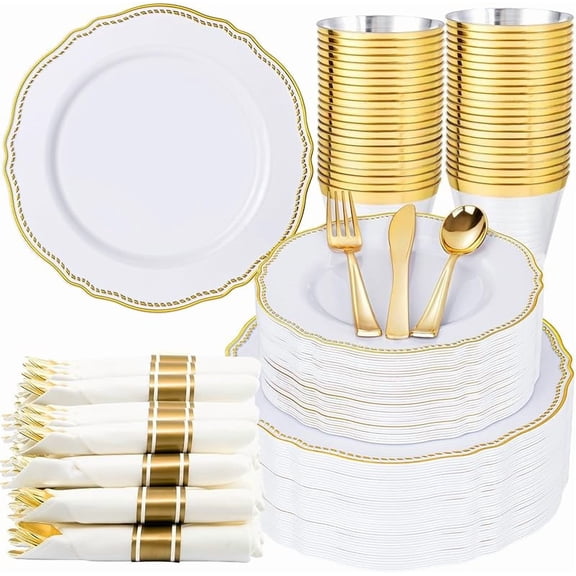 150Pcs Green Plastic Plates with Gold Rim, Fancy Disposable Plates ...