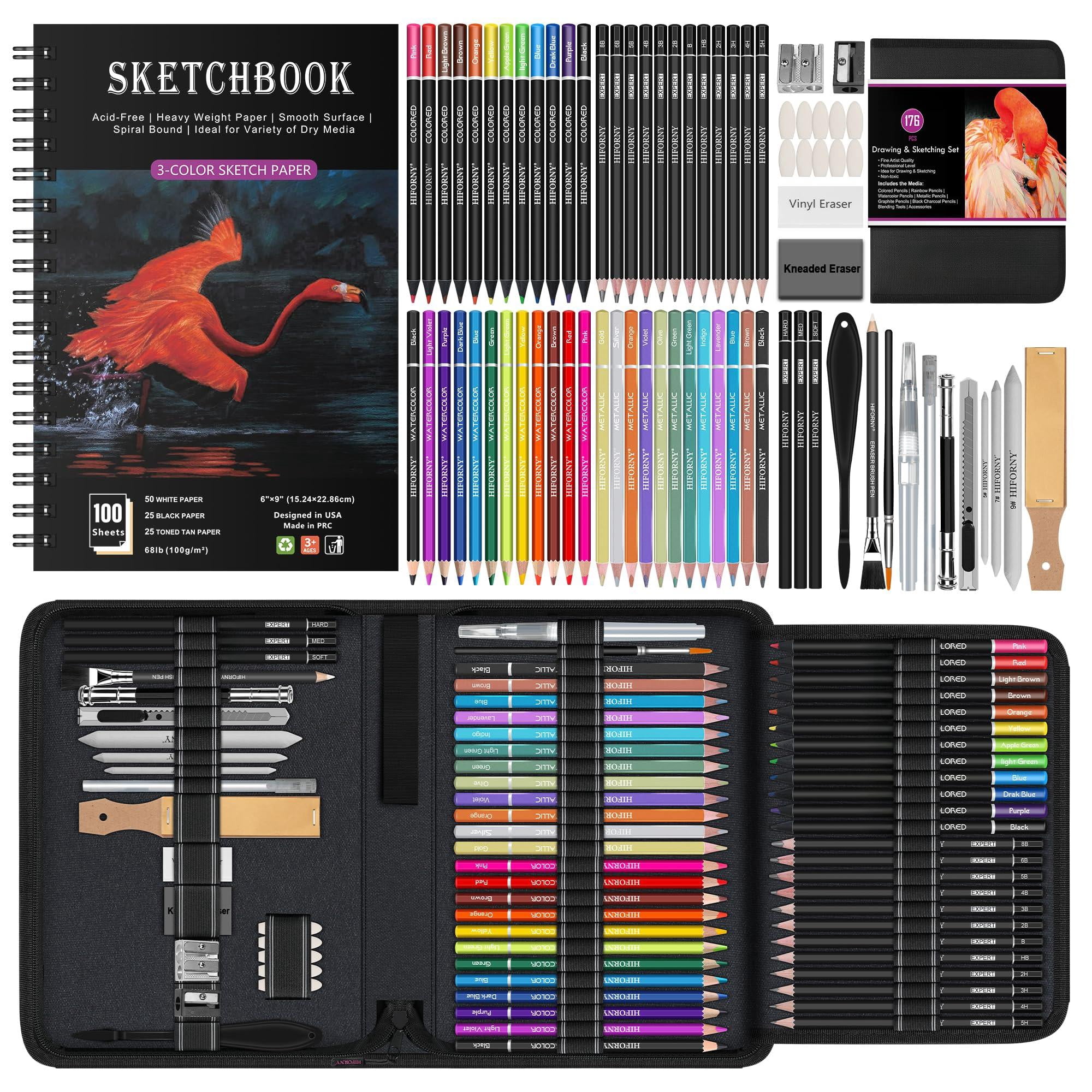 176 Art Supplies Drawing Set Sketching Kit With 100 Sheets 3-color ...