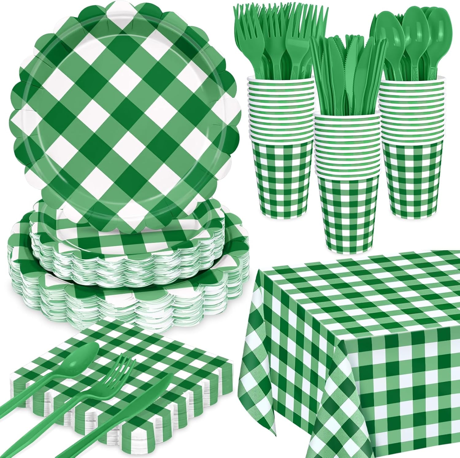 176 PCS Green Gingham Plates and Napkins, Green and White Checkered ...