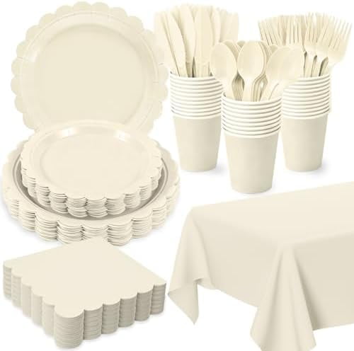 176 PCS Ivory Plates and Napkins - Beige Scalloped Plates, Napkins ...