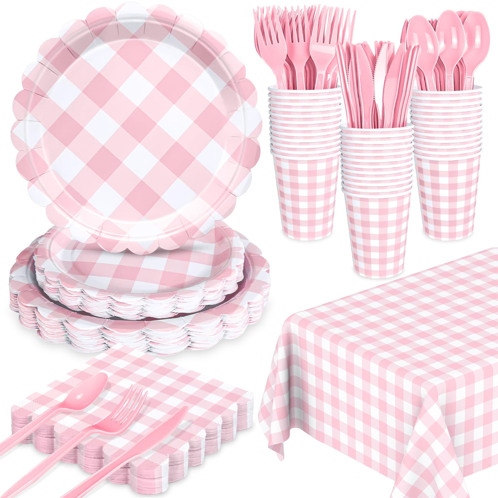 176 PCS Pink and White Gingham AFN1Plates and Light Pink Checkered ...