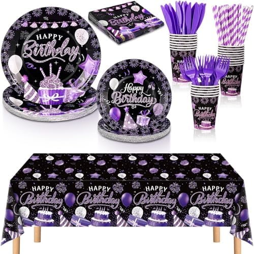 176 Pcs Purple and Black Birthday Tableware Set Birthday Decoration ...