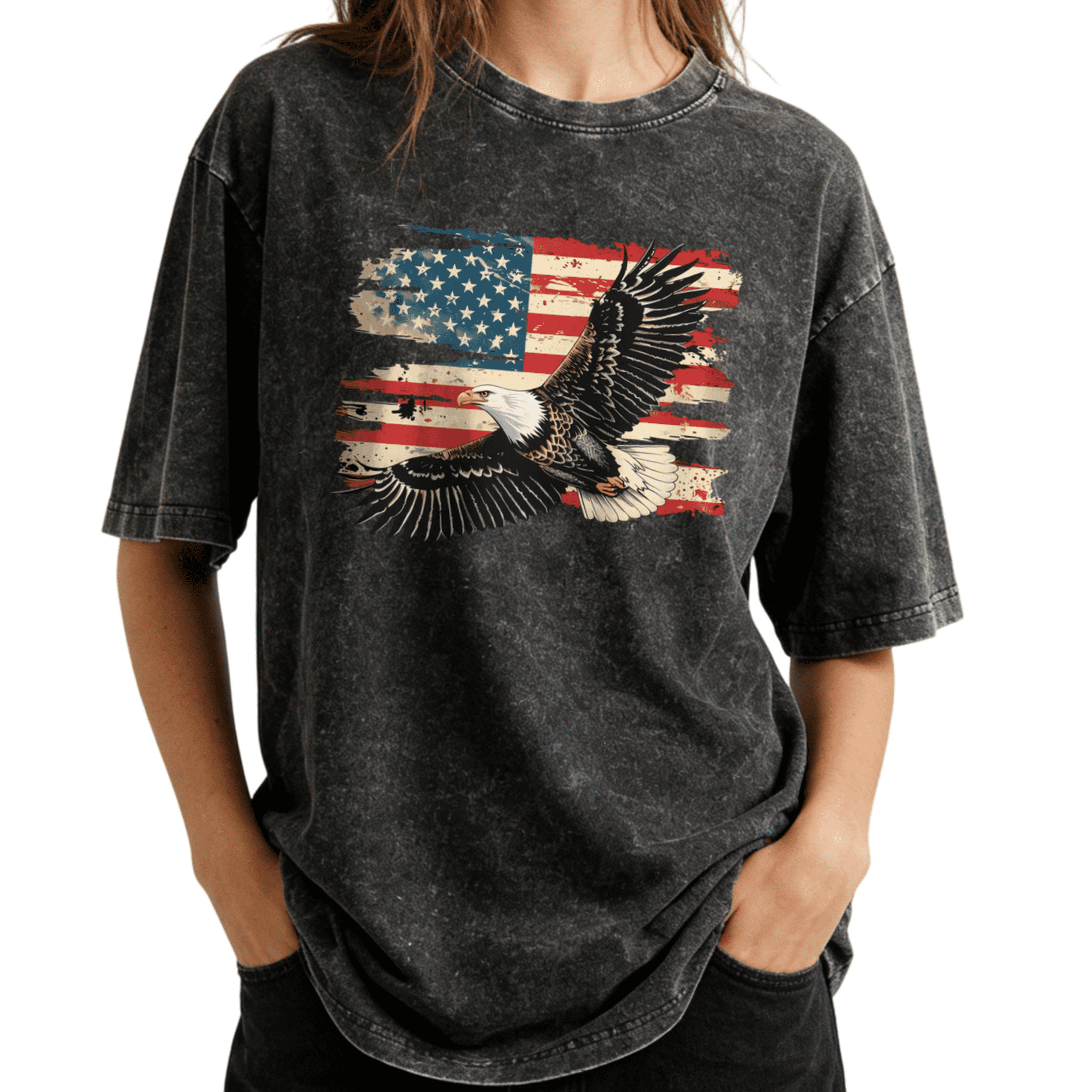 1776 2026 250th USA Bald Eagle Aesthetic Wash Print Tshirt S-2XL Washed ...