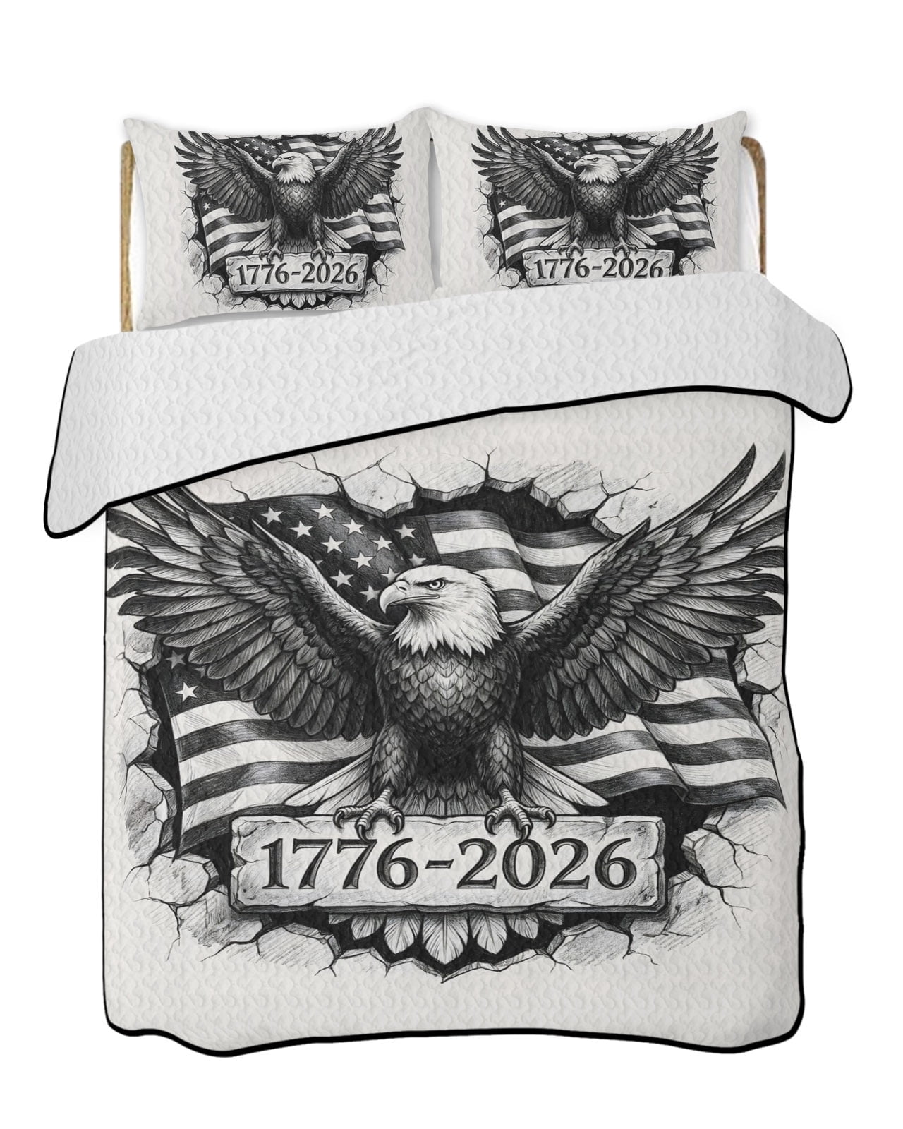 1776-2026 3 Piece Quilt Bedding Set with 2 Pillow Shams, Bald Eagle ...