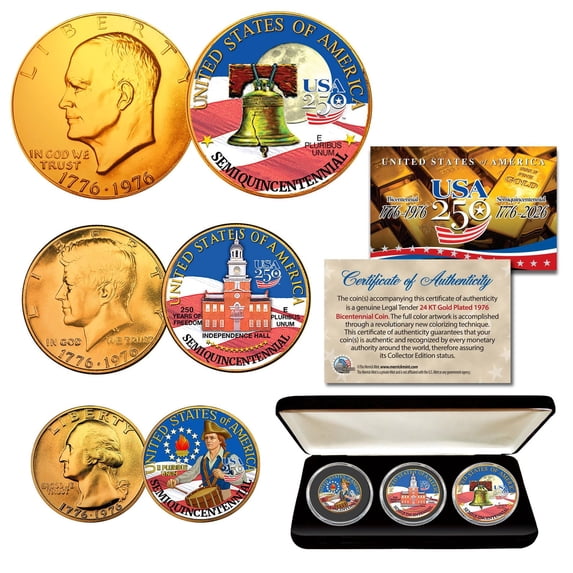 1776–2026 America's 250th Anniversary 24K GOLD 3-Coin Bicentennial Set ...