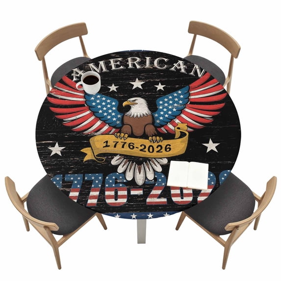 1776-2026 Round Fitted Table Cover July 4th American Bald Eagle Stars ...