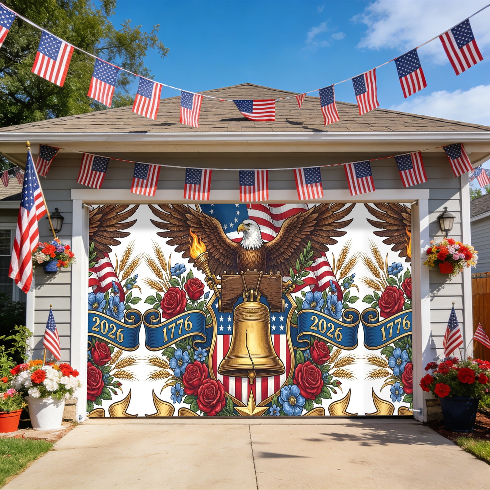 1776-2026 USA Flag Garage Door Cover, Years American Anniversary Floral ...