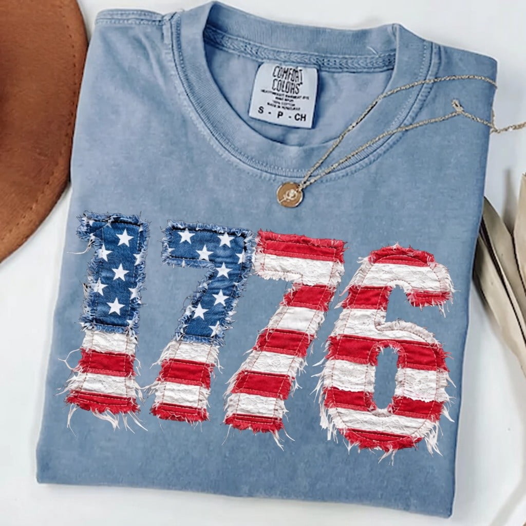1776 American Flag Patch T-Shirt - Vintage Patriotic 1776 Tee ...