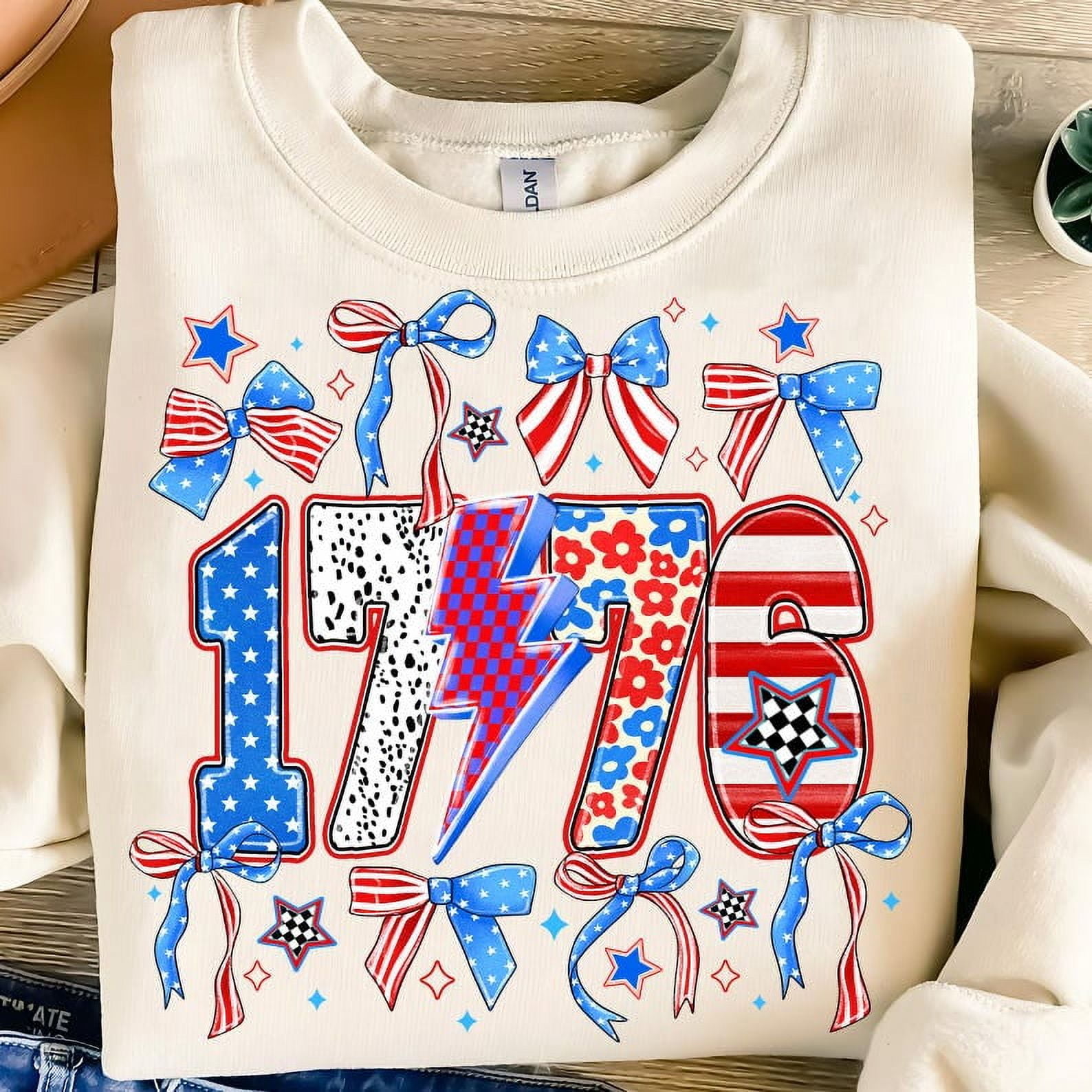 1776 Coquette Bow Sweatshirt, Vintage Lightning Bolt Patriotic Shirt, Red White Blue ...