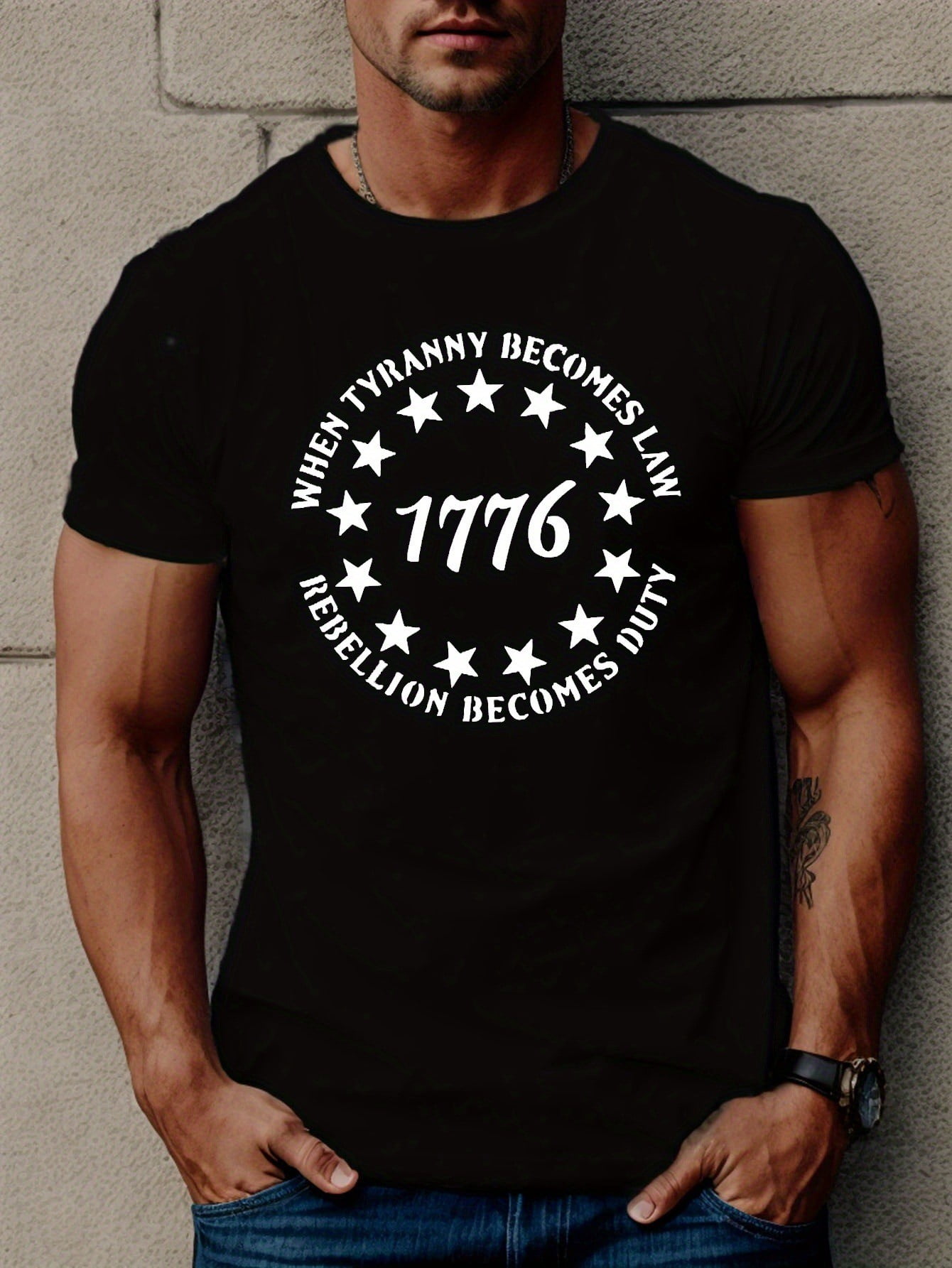 1776 Graphic Print Crew Neck Top - Men's Casual Short Sleeve T-Shirts ...