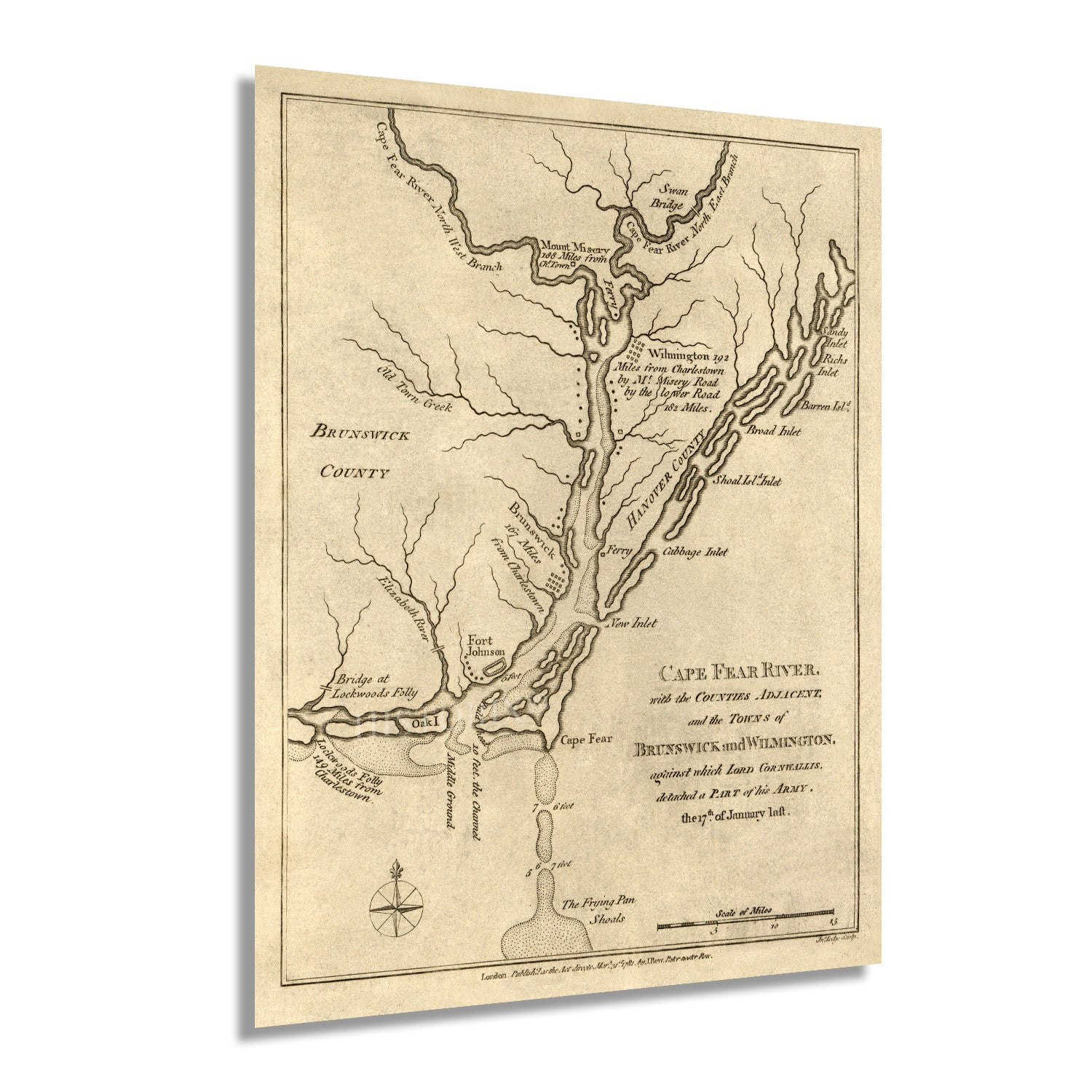 1781 Cape Fear River Region Map - Vintage Map of Wilmington and ...