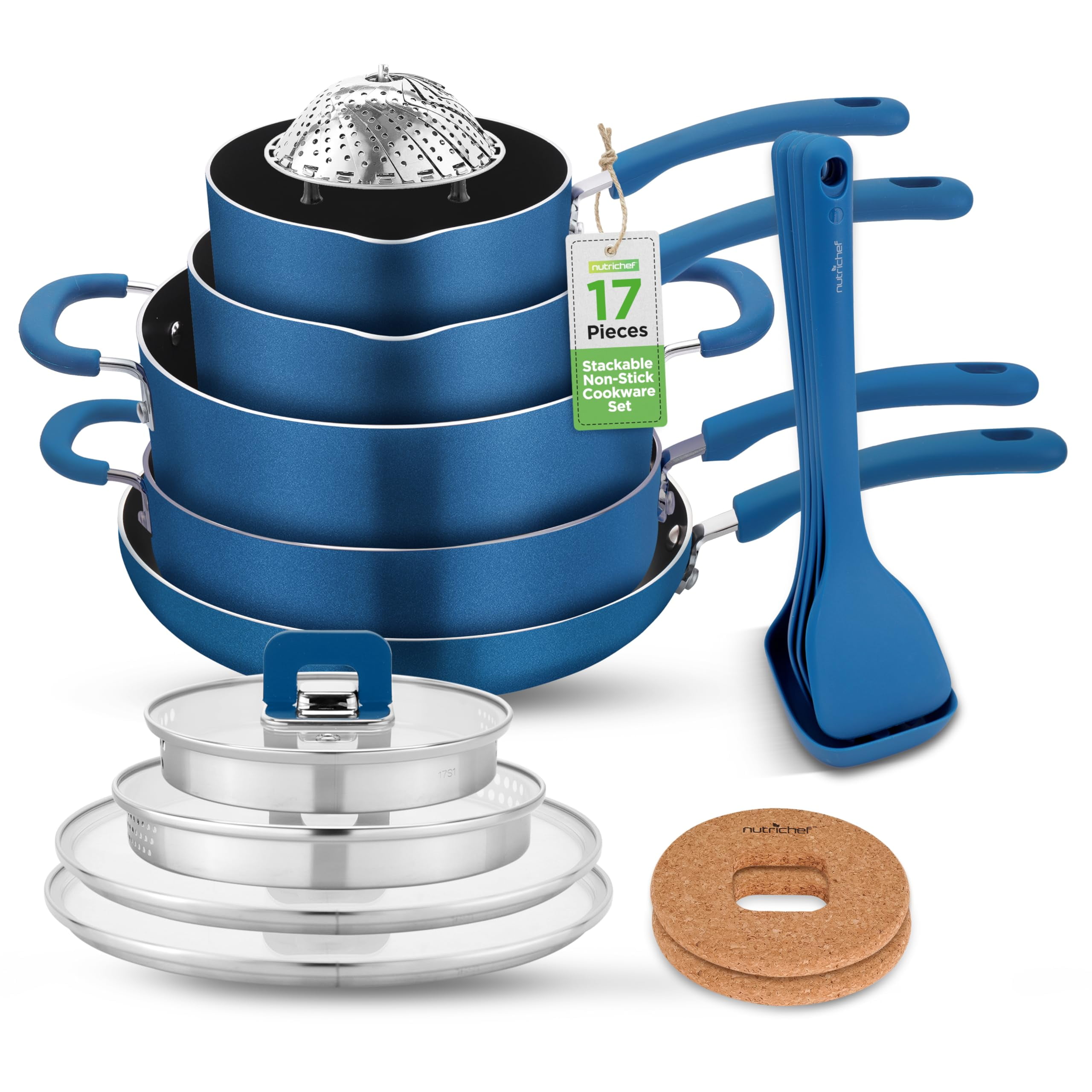 17Pcs Blue Stackable Pots And Pans Set, Nonstick Induction Cookware, Space Saving Cookware, Easy ...