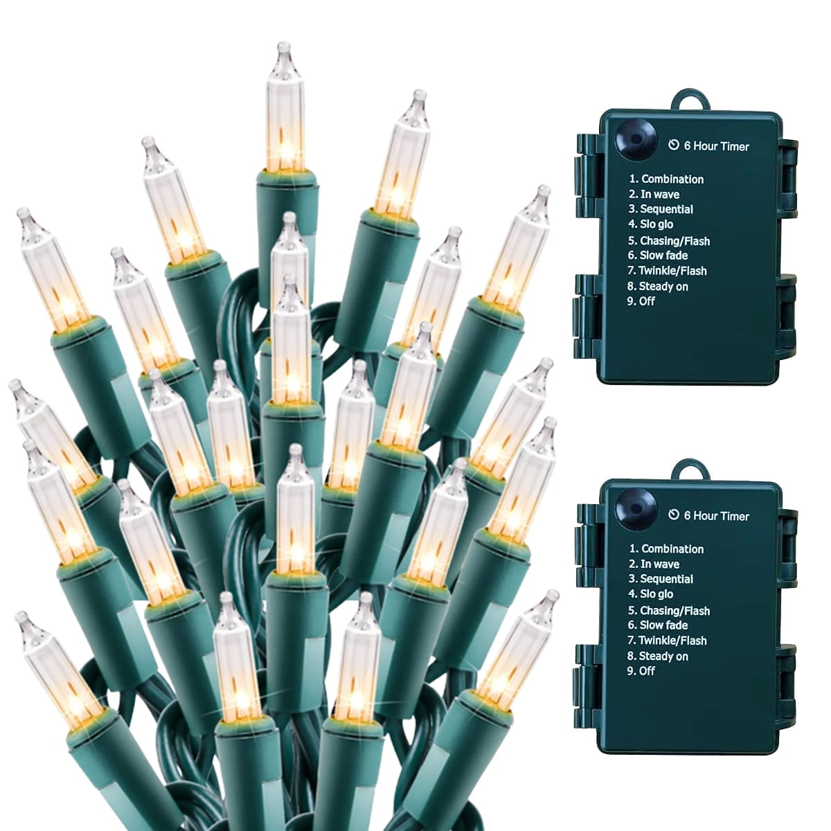 17ft 50 LED Warm White Christmas Lights with Green Wire, 2 Pack Battery ...