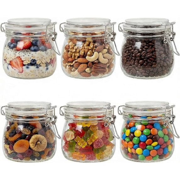 17oz Airtight Glass Jar with Lid, 6 Pack Clamp Lid Storage Jars, Flip ...