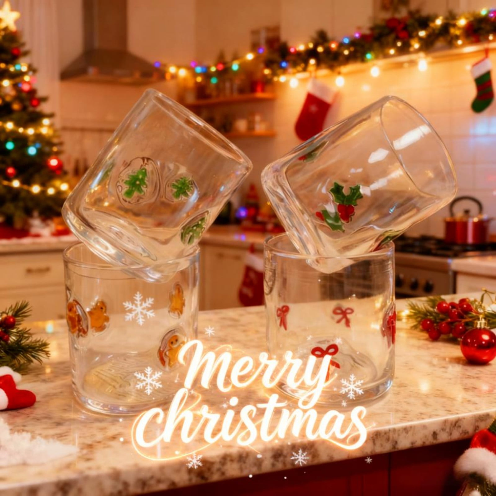 17oz Christmas Icon Glass Cups, Christmas Tree, Gingerbread, Snowman ...