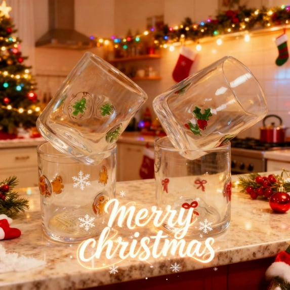 17oz Christmas Icon Glass Cups, Christmas Tree, Gingerbread, Snowman ...
