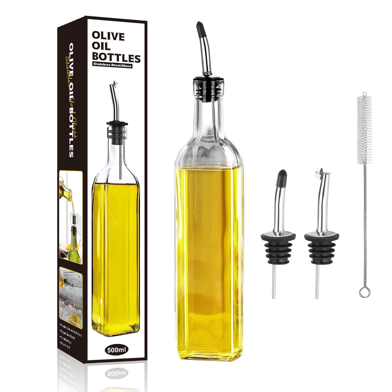 17oz Glass Olive Oil Dispenser Bottle, Stainless Steel Pourer, Cooking ...