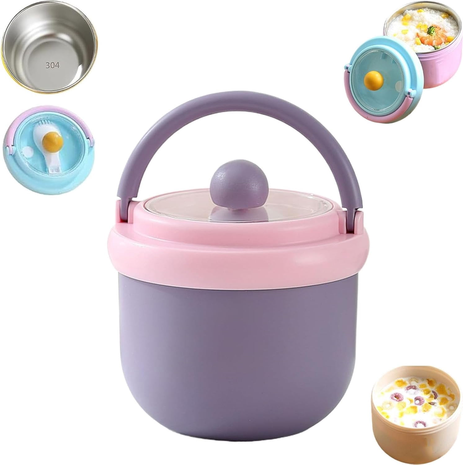17oz Portable Lunch Food Jar with Handle, 304 Stainless Steel Leakproof ...