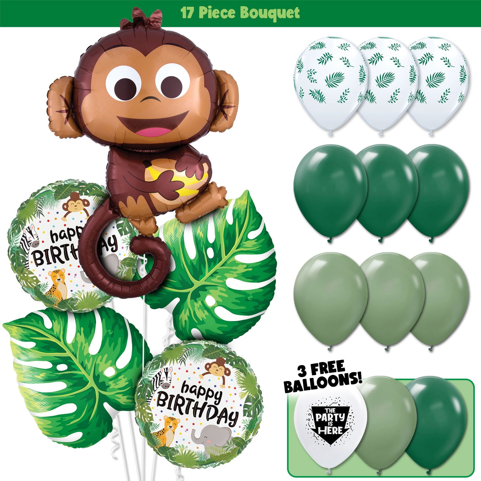 17pc Jungle Birthday Balloons with Monkey Balloon Bouquet Kit ...