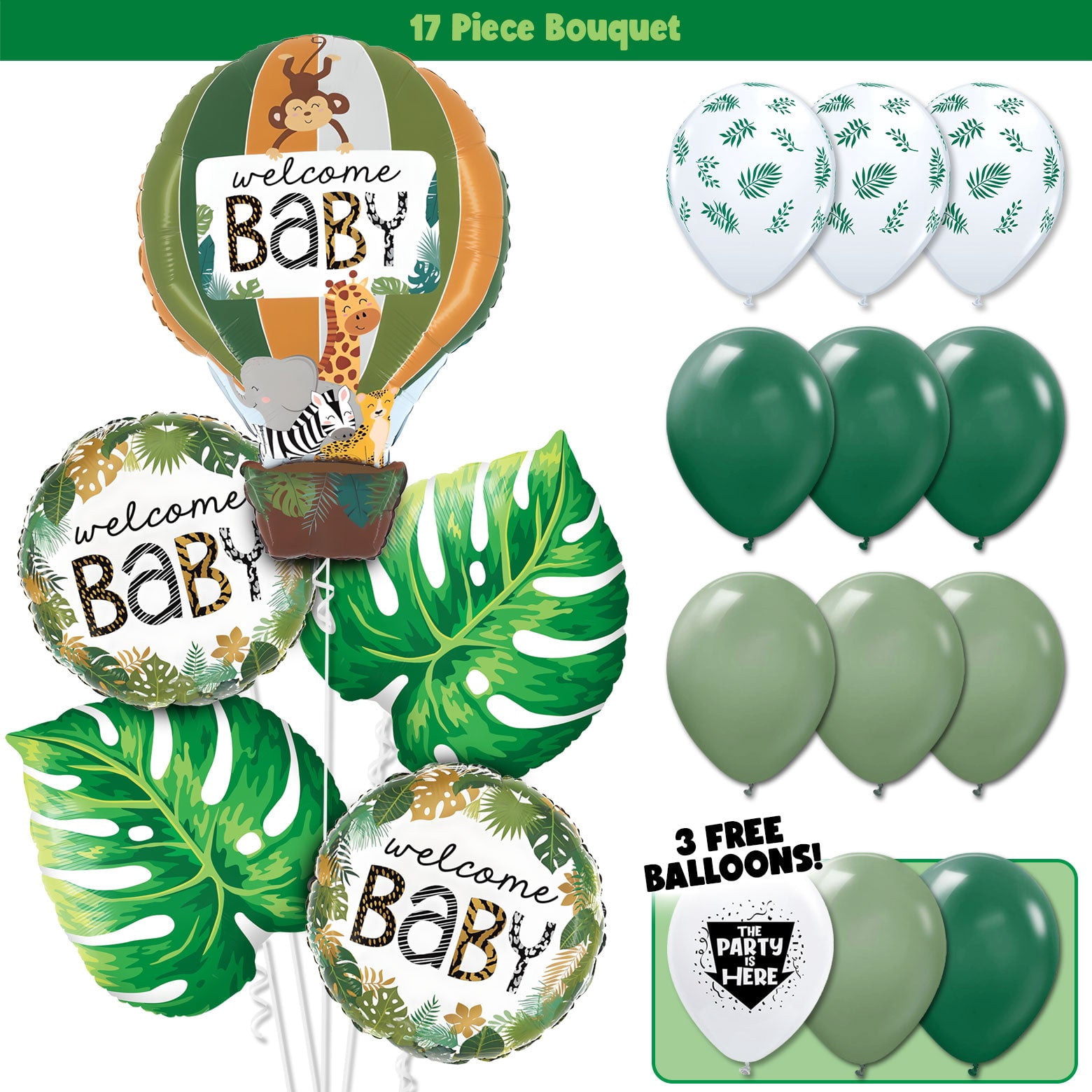 17pc Jungle Theme Welcome Baby Balloons with Animal Friends Balloon ...