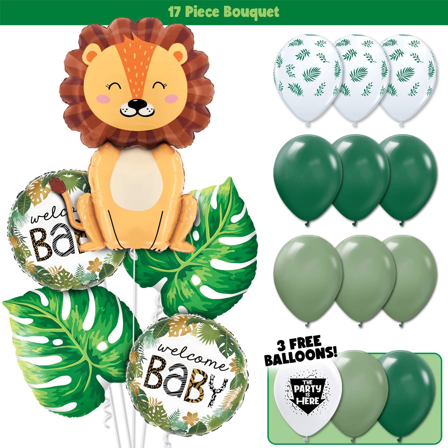 17pc Jungle Theme Welcome Baby Balloons with Lion Balloon Bouquet Kit ...