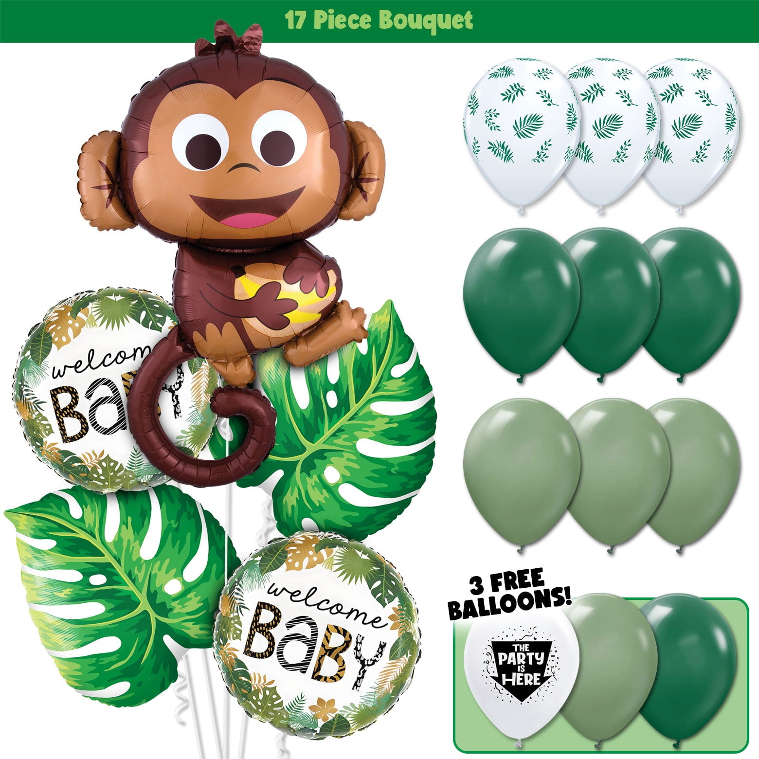 17pc Jungle Theme Welcome Baby Balloons with Monkey Balloon Bouquet Kit ...