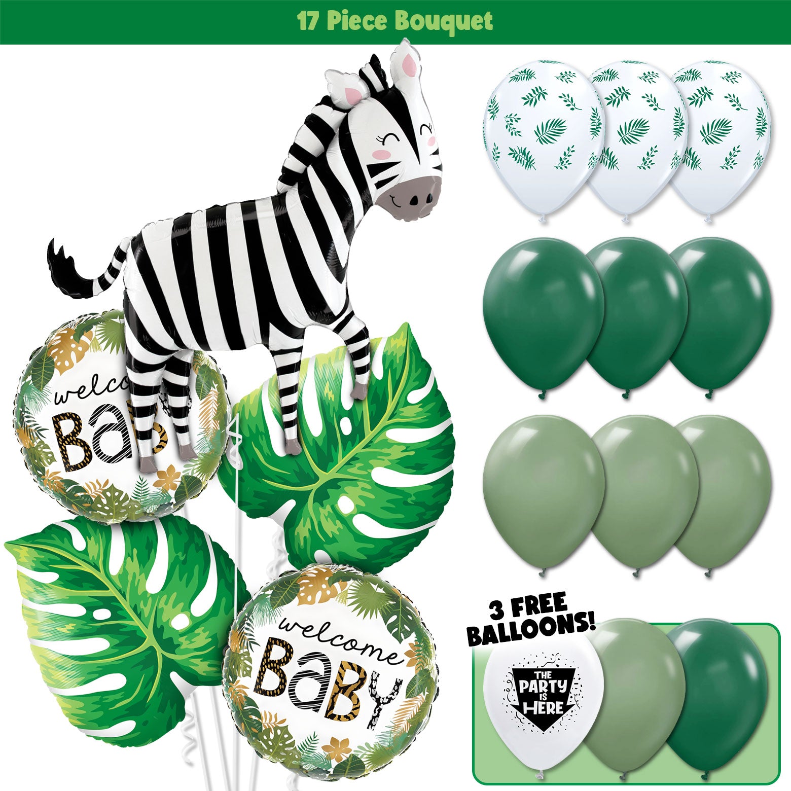 17pc Jungle Theme Welcome Baby Balloons with Zebra Balloon Bouquet Kit ...