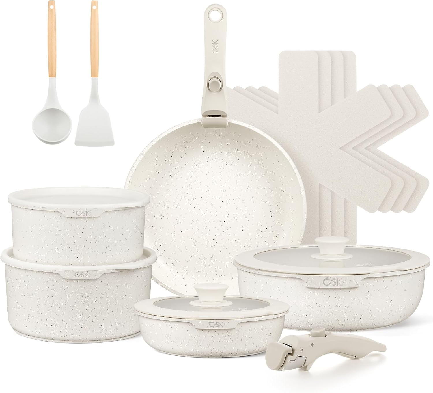 17pcs Non Stick Cookware Set – White Stackable Pots and Pans with ...