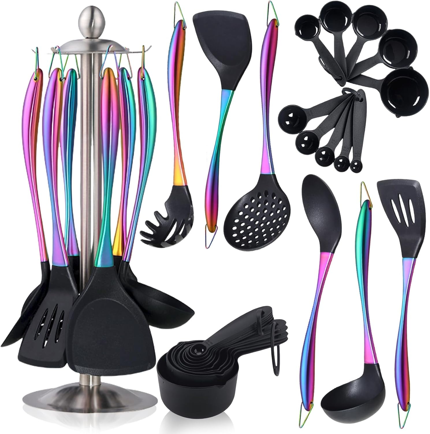 17pcs Silicone Cooking Utensils Set, Rainbow Kitchen Utensils Set with ...