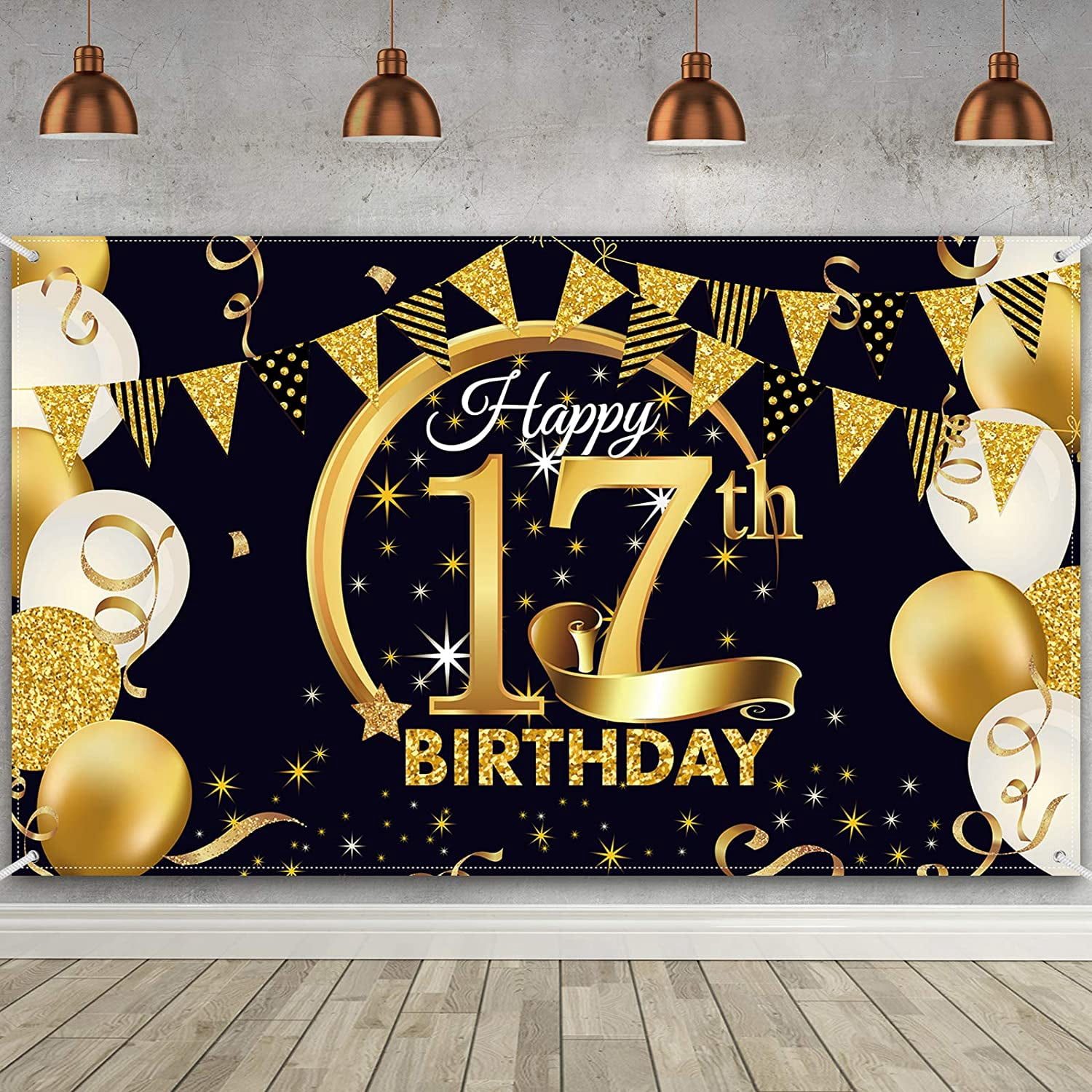 17th Birthday Party Decoration, Extra Large Fabric Black Gold Sign ...