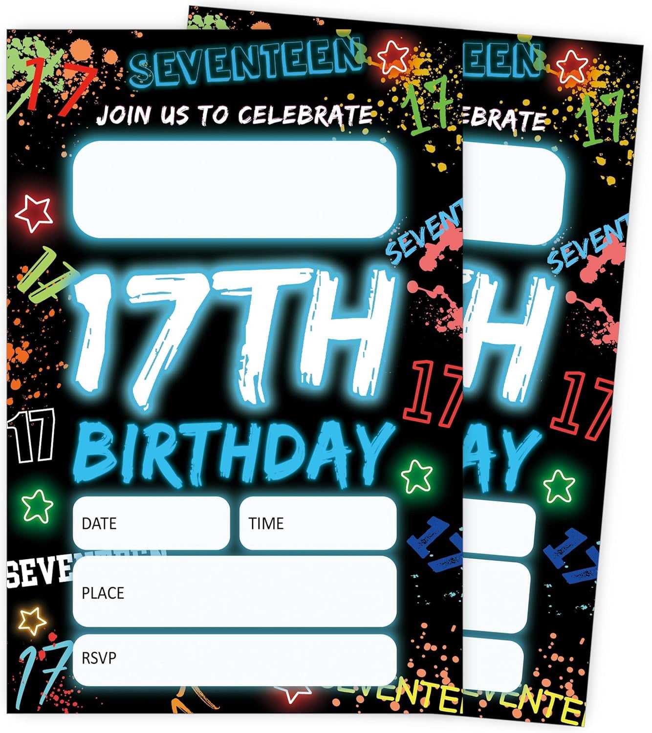 17th Birthday Party Invitations for Boys Girls, Blue Glitter Graffiti ...