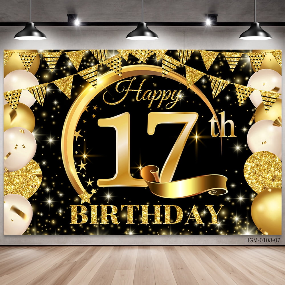 17th Happy Birthday Backdrop for boys girls Glitter Gold Balloons ...