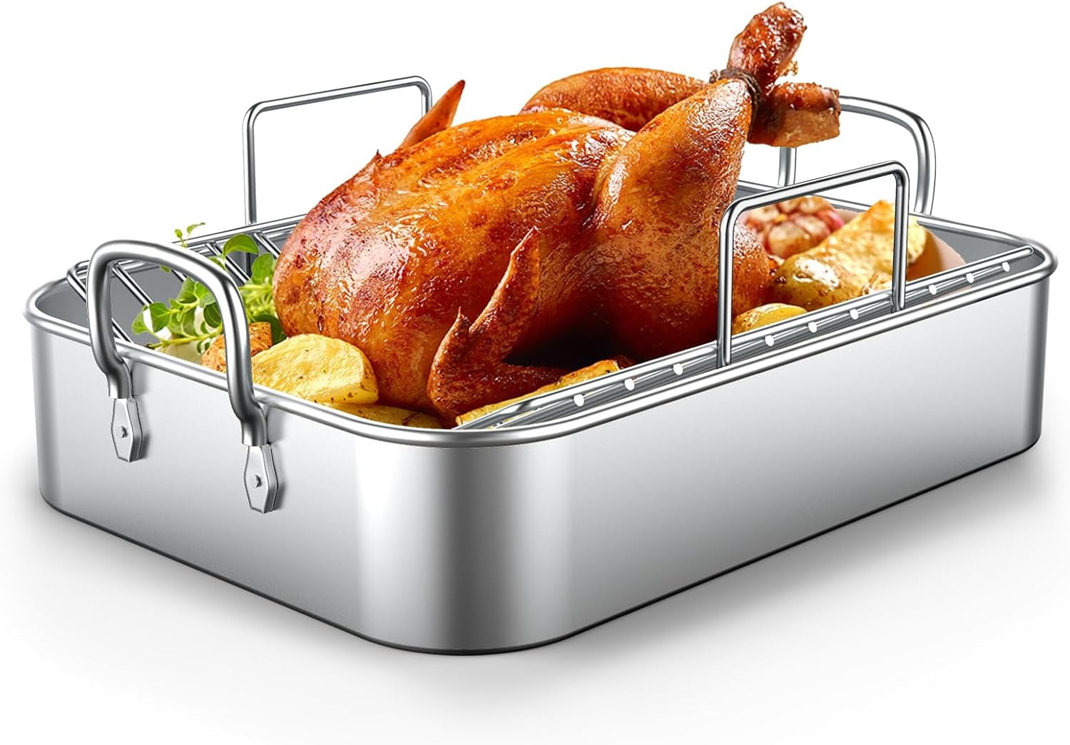 17x13in Stainless Steel Turkey Roaster with Racks - Non-toxic, Heavy ...