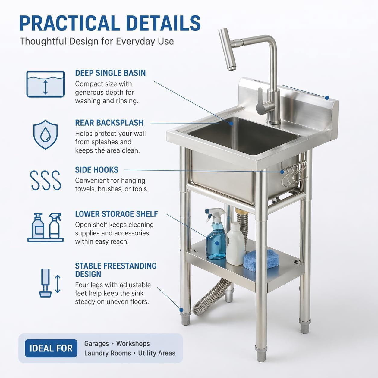 17x15x32 In Compact Freestanding Stainless Steel Utility Sink Single ...