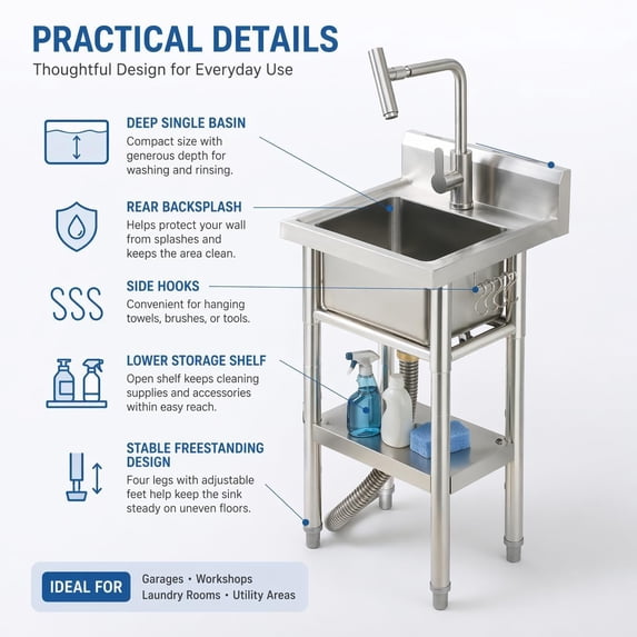 17x15x32 In Compact Freestanding Stainless Steel Utility Sink Single ...
