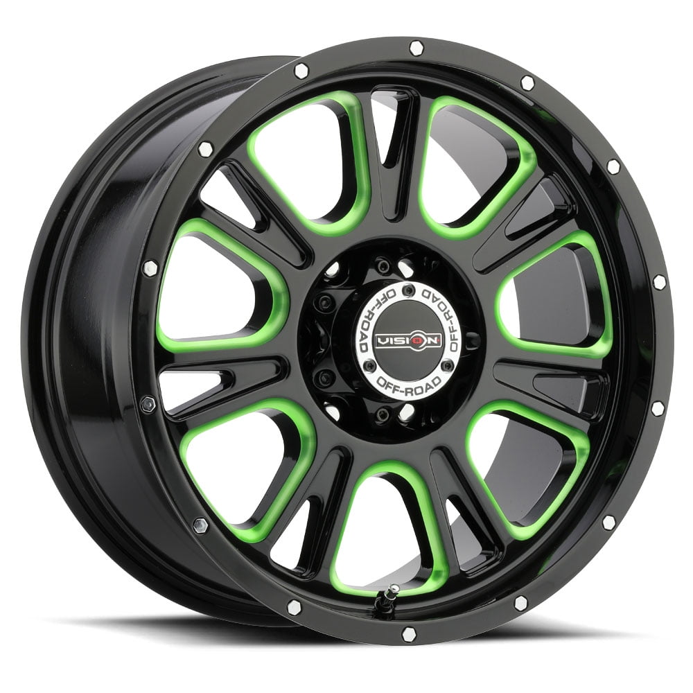 17x8.5 Vision Off-Road 399 Fury Black Mach W/Green Wheel 6x5.5 (0mm ...
