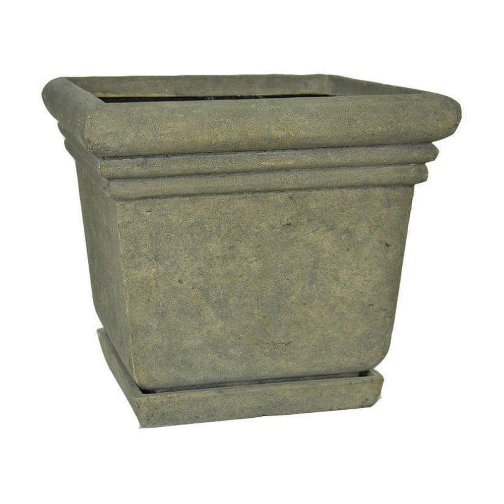 18-1/2 in. Square Cast Stone Fiberglass Planter with Attached Saucer in ...