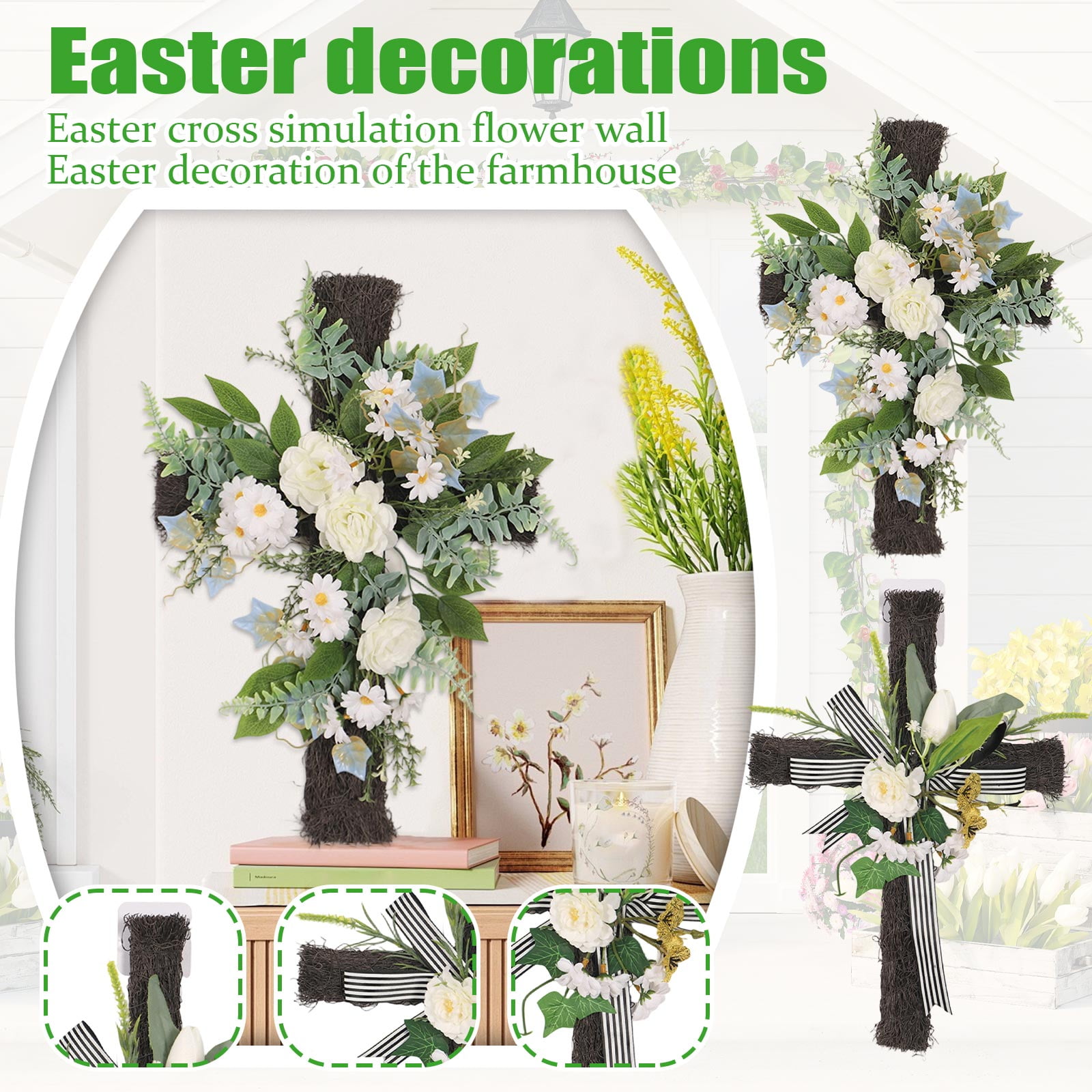 18.1" Easter Cross Artificial Flower Wreath Wall Hanging Decor, Fake ...