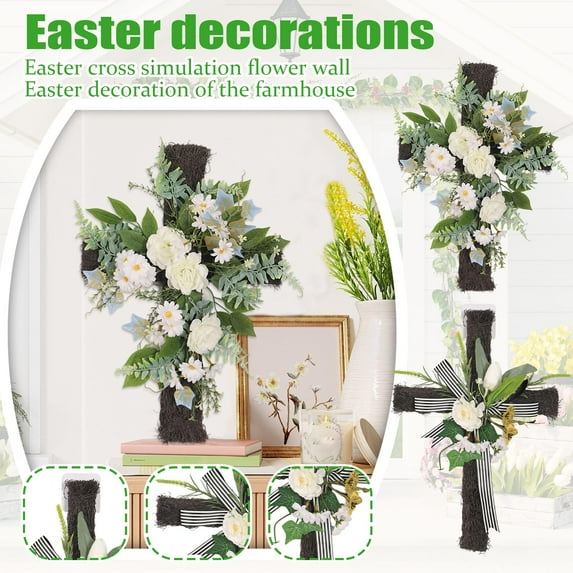 18.1" Easter Cross Artificial Flower Wreath Wall Hanging Decor, Fake ...