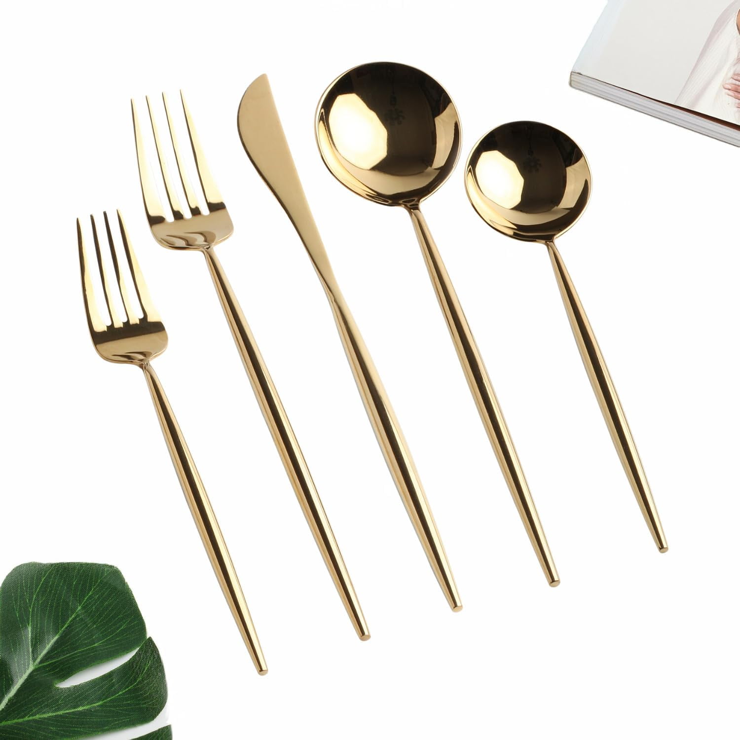 18/10 Gold Silverware Set, 5pc Mirror Polished Modern Silverware Set ...