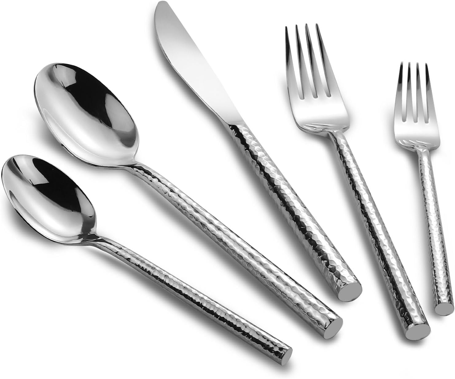 18/10 Stainless Steel Flatware Set with Round Hammered Handle Mirror ...