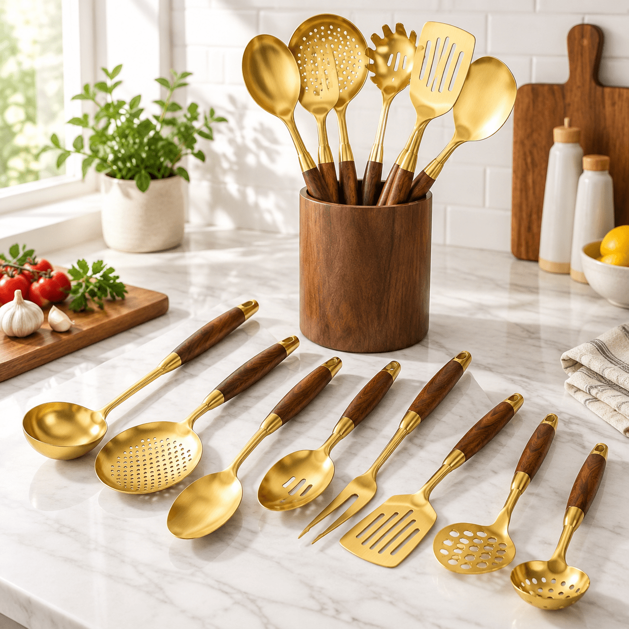 18/10 Stainless Steel Kitchen Utensils Set 10 Piece Cooking With Wood ...