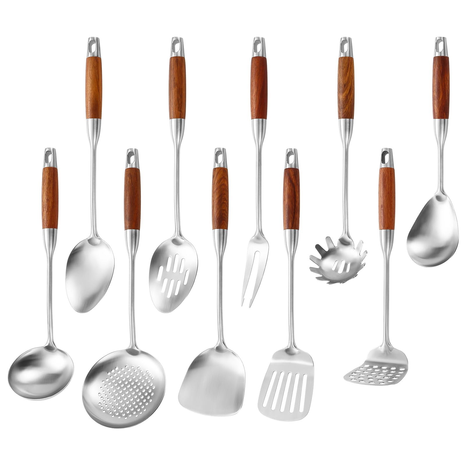 18/10 Stainless Steel Kitchen Utensils Set 10 Piece Cooking With Wood ...