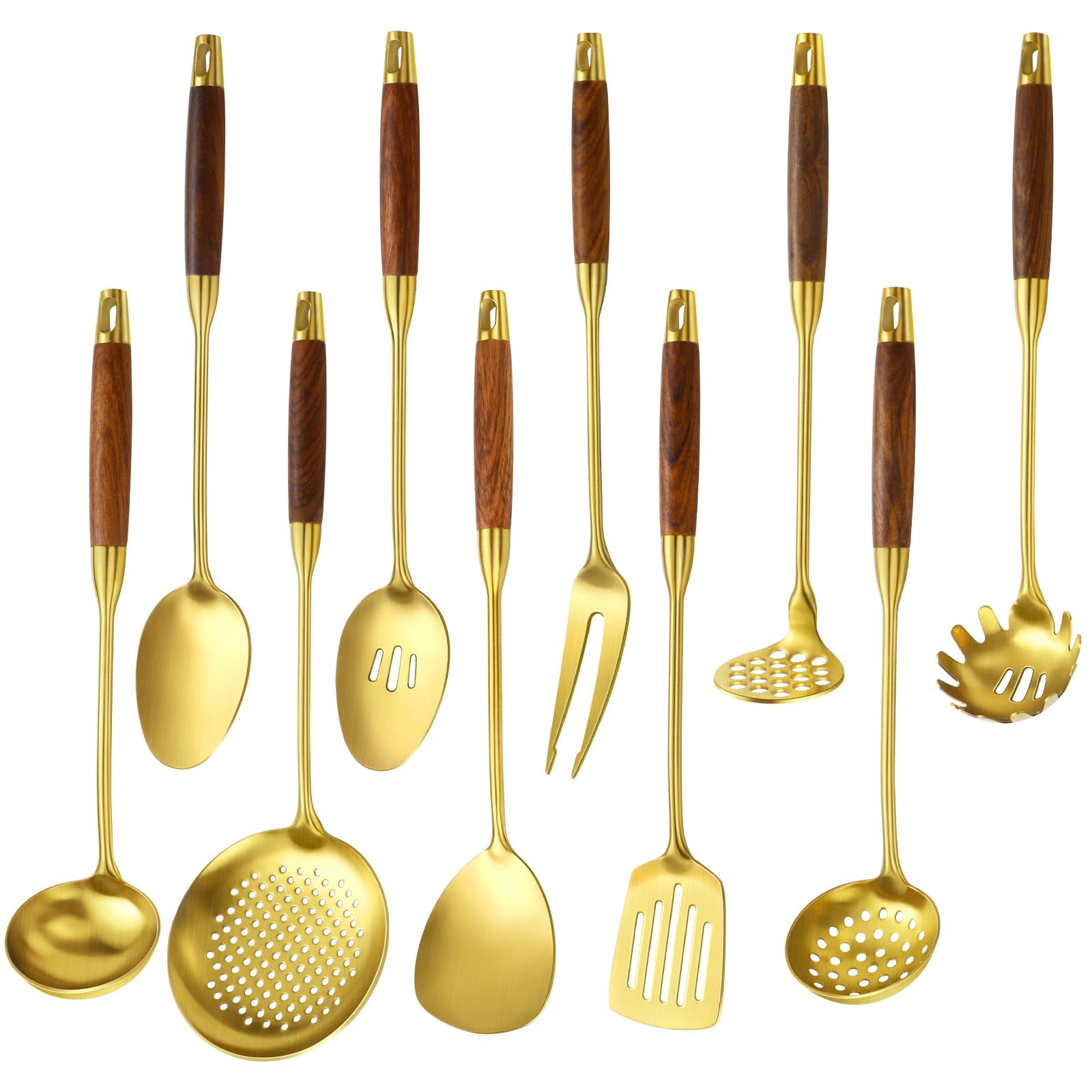 18/10 Stainless Steel Kitchen Utensils Set 10 Piece Cooking With Wood ...