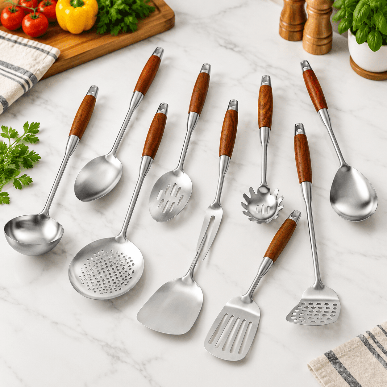 18/10 Stainless Steel Kitchen Utensils Set 10 Piece Cooking With Wood ...
