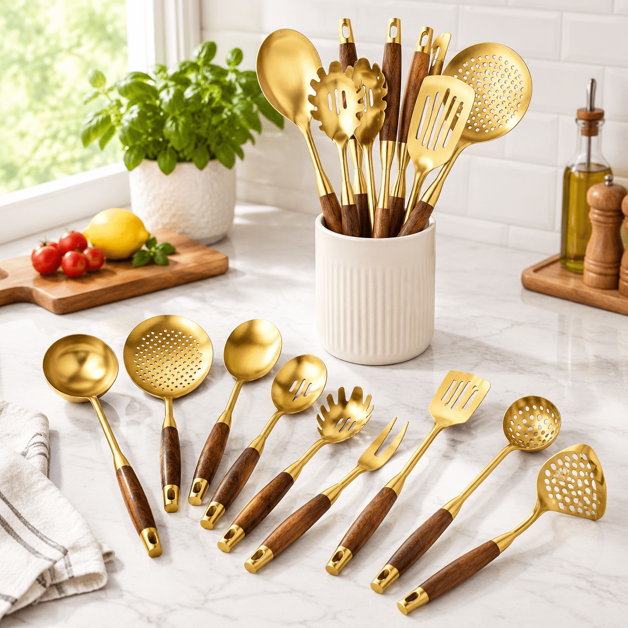 18/10 Stainless Steel Kitchen Utensils Set 10 Piece Cooking With Wood ...