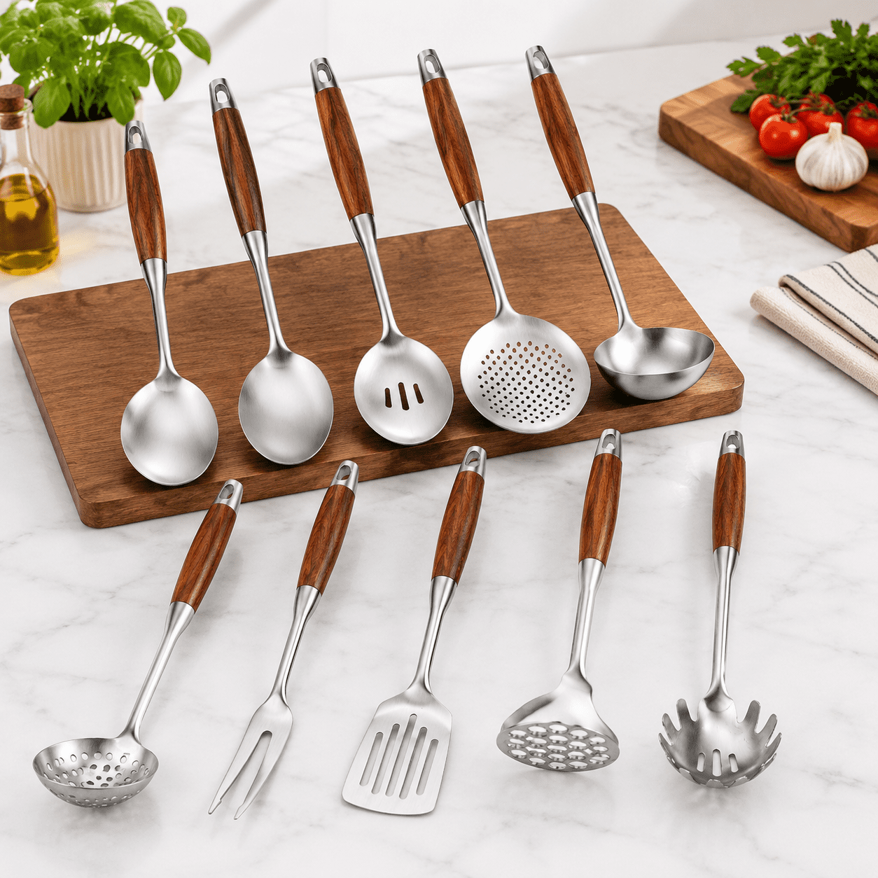 18/10 Stainless Steel Kitchen Utensils Set 10 Piece Cooking With Wood ...